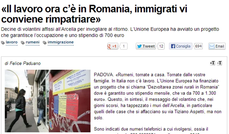 Afişe anti-români în Italia: "Români, întorceţi-vă acasă!"